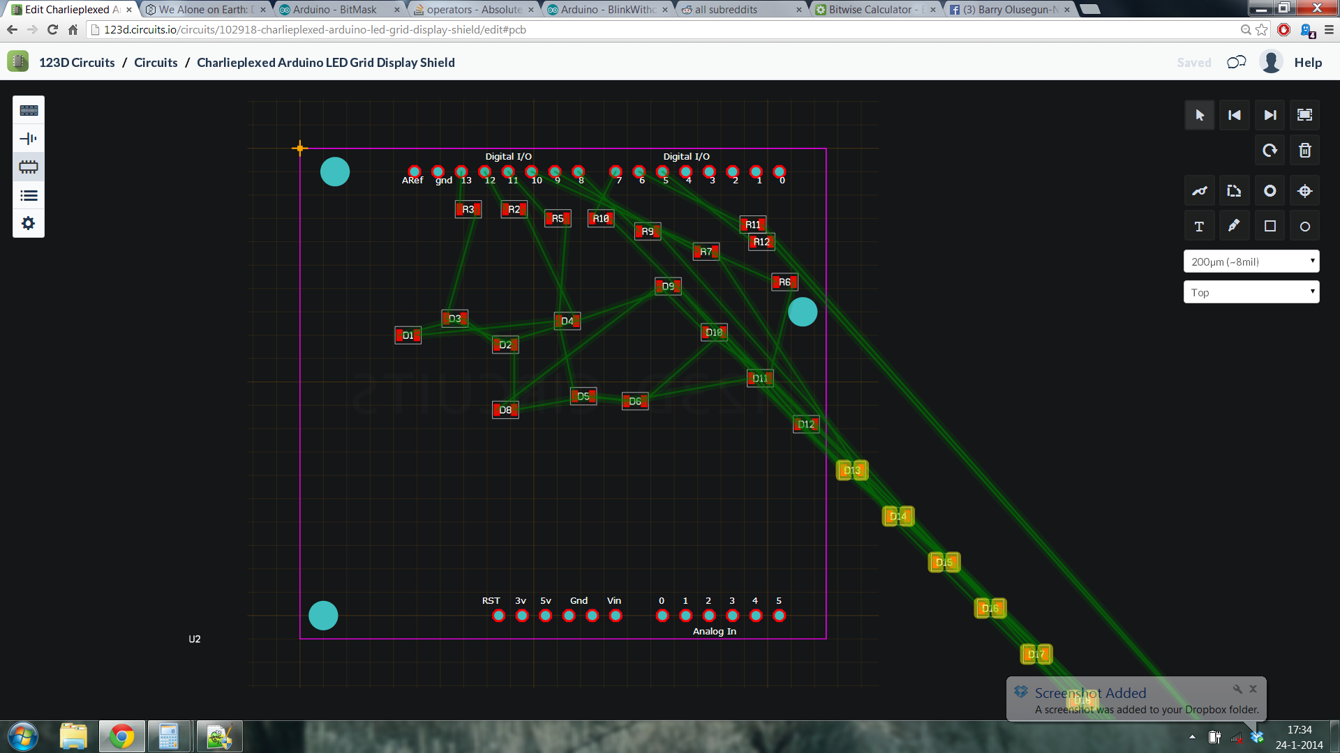 Charlieplexed Arduino 8x8 Led Grid Display Shield Made And Simulated In 123d Circuits Trybotics