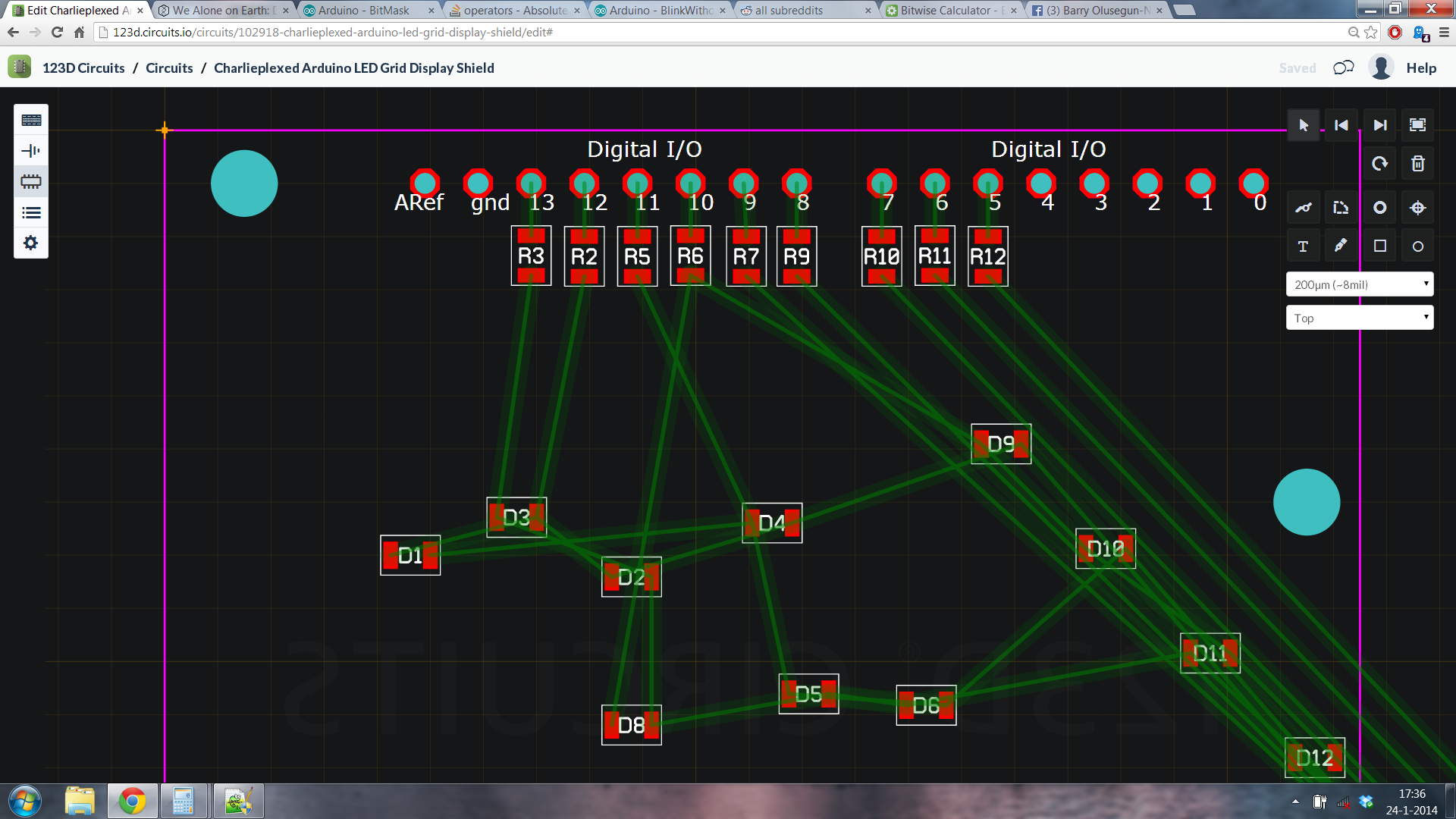 Charlieplexed Arduino 8x8 Led Grid Display Shield Made And Simulated In 123d Circuits Trybotics