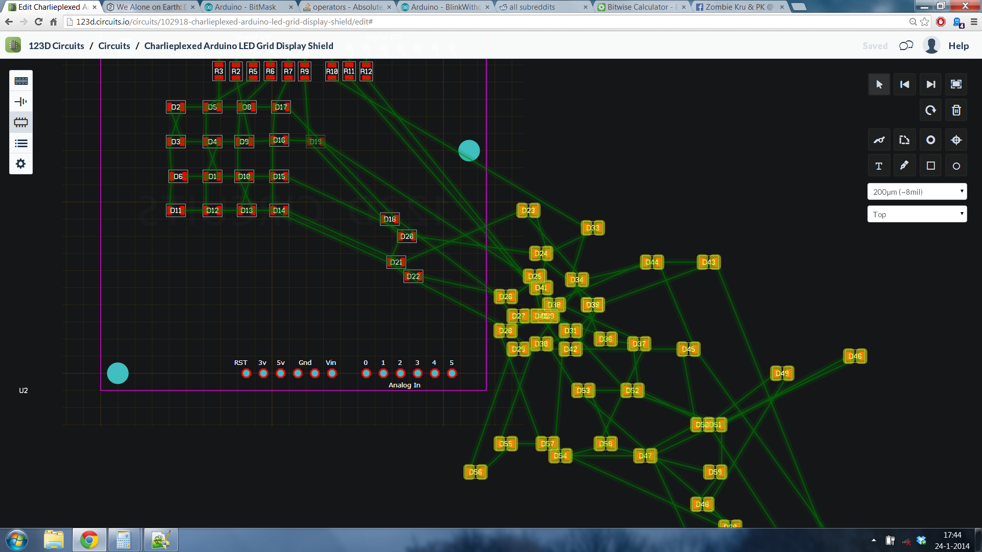 Charlieplexed Arduino 8x8 Led Grid Display Shield Made And Simulated In 123d Circuits Trybotics